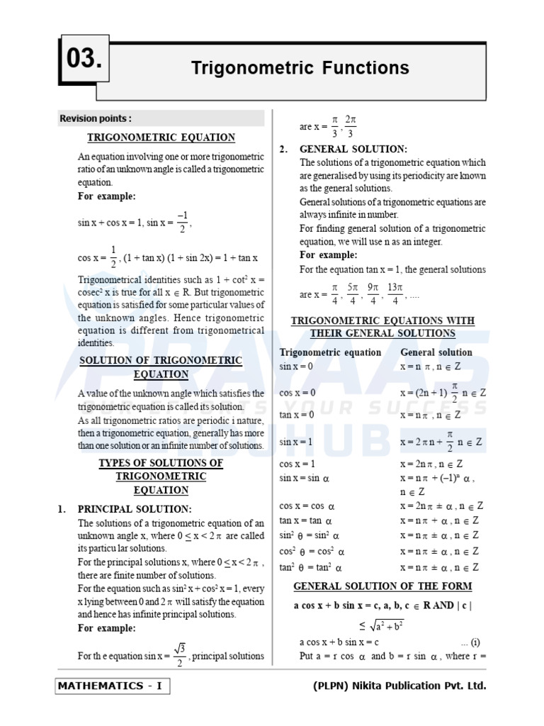 Trignometric Function - PLPN MhtCet | PDF | Trigonometric Functions | Equations