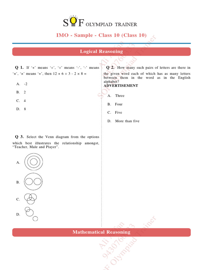 IMO - Sample - Class 10 - Answer | PDF | Mathematics