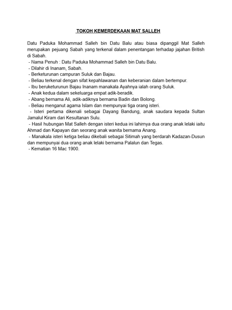 Tokoh Kemerdekaan Mat Salleh | PDF