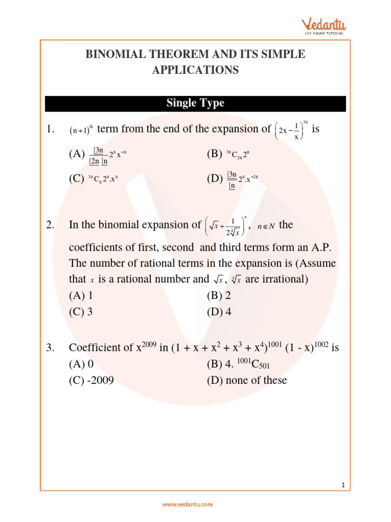 JEE Main Binomial Theorem and Its Simple Applications Important Questions (2023-2024) | PDF ...