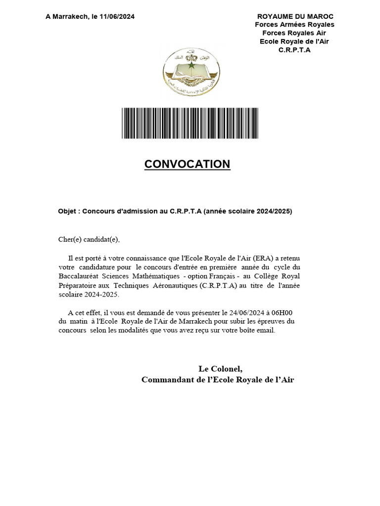 Convocation Concours CRPTA 2024-2025 | PDF