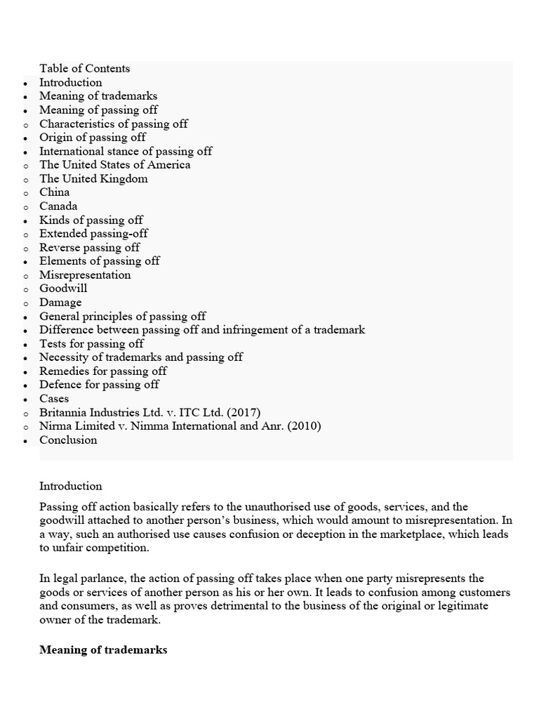 Passing Off Trademark | PDF | Trademark | Legal Remedy