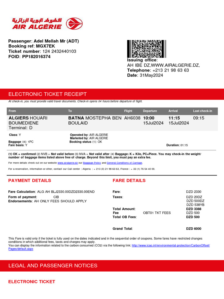 Air Algerie confirmation MELLAH ADEL MGX7EK | PDF