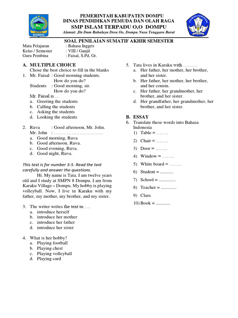 Soal Bahasa Inggris Kelas VIII | PDF