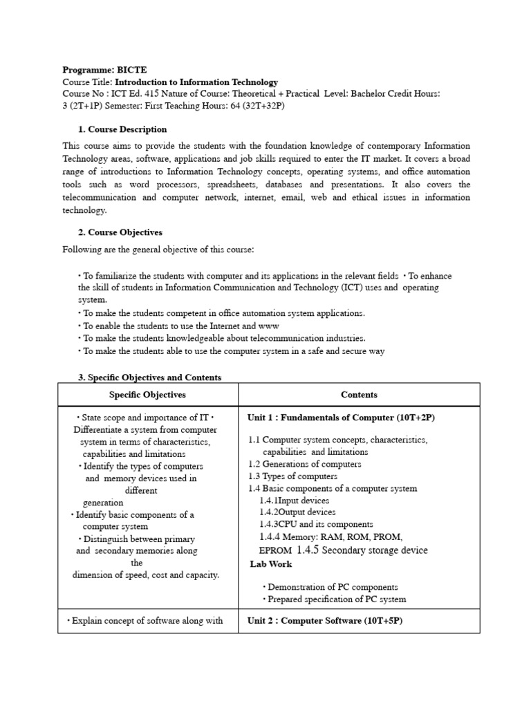 Course TitleIntroduction To Information Technology ICT ED. 415 | PDF | Educational Assessment ...