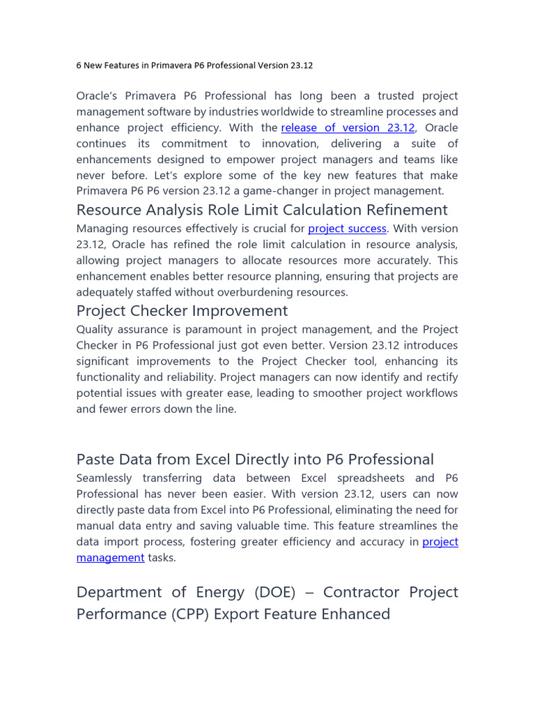 New Features in Primavera P6 23.12 | PDF | Microsoft Excel | Project ...