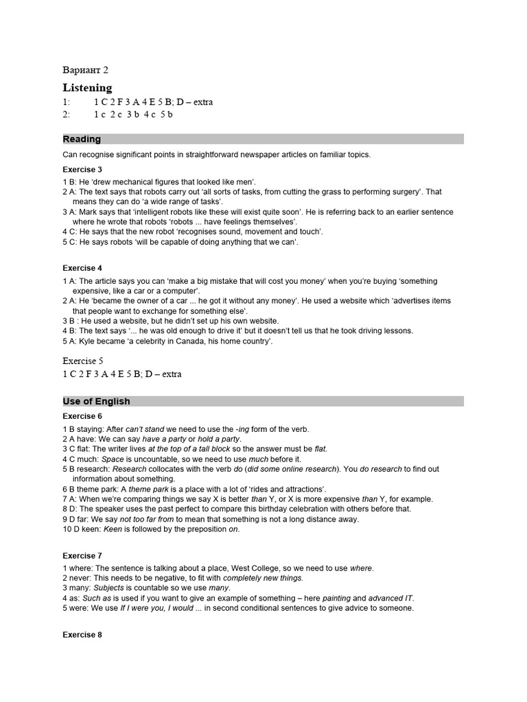 ANSWER KEY Variant 2 For The Written Exam in English For Level B1.1 ...