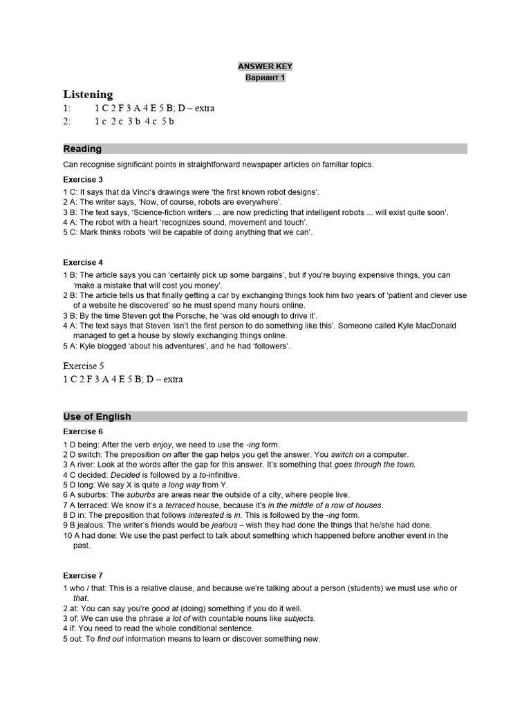 Variant 2 of The Written Exam in English For Level B1.1 8th Grade ...