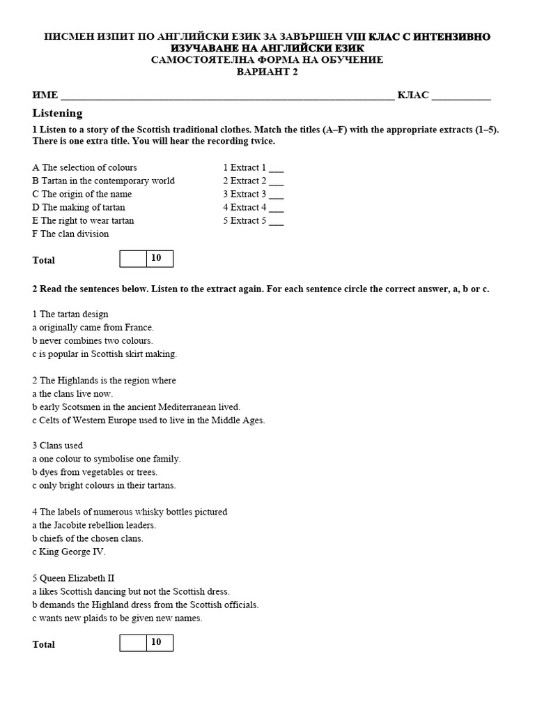Answer Key For Variant 1 of The Written Exam in English For Level B1.1 ...
