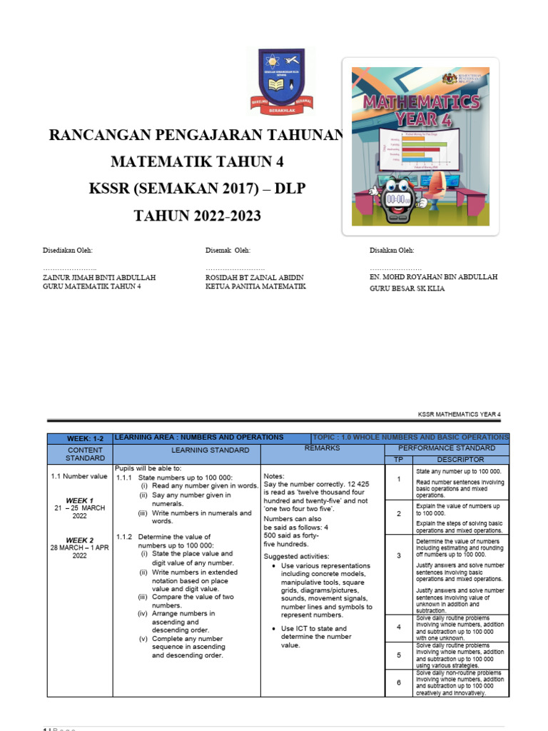 RPT Mathematics Year 4 (DLP) 2022-2023 | PDF | Subtraction | Numbers