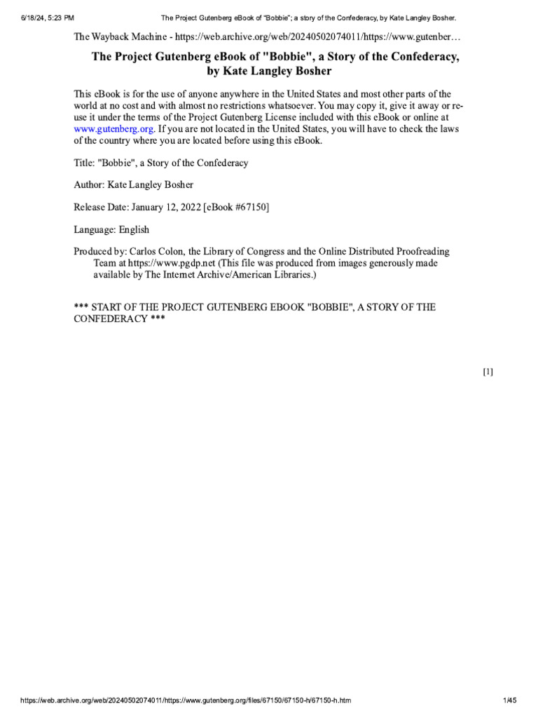 The Project Gutenberg Ebook of "Bobbie"... e Confederacy, by Kate ...