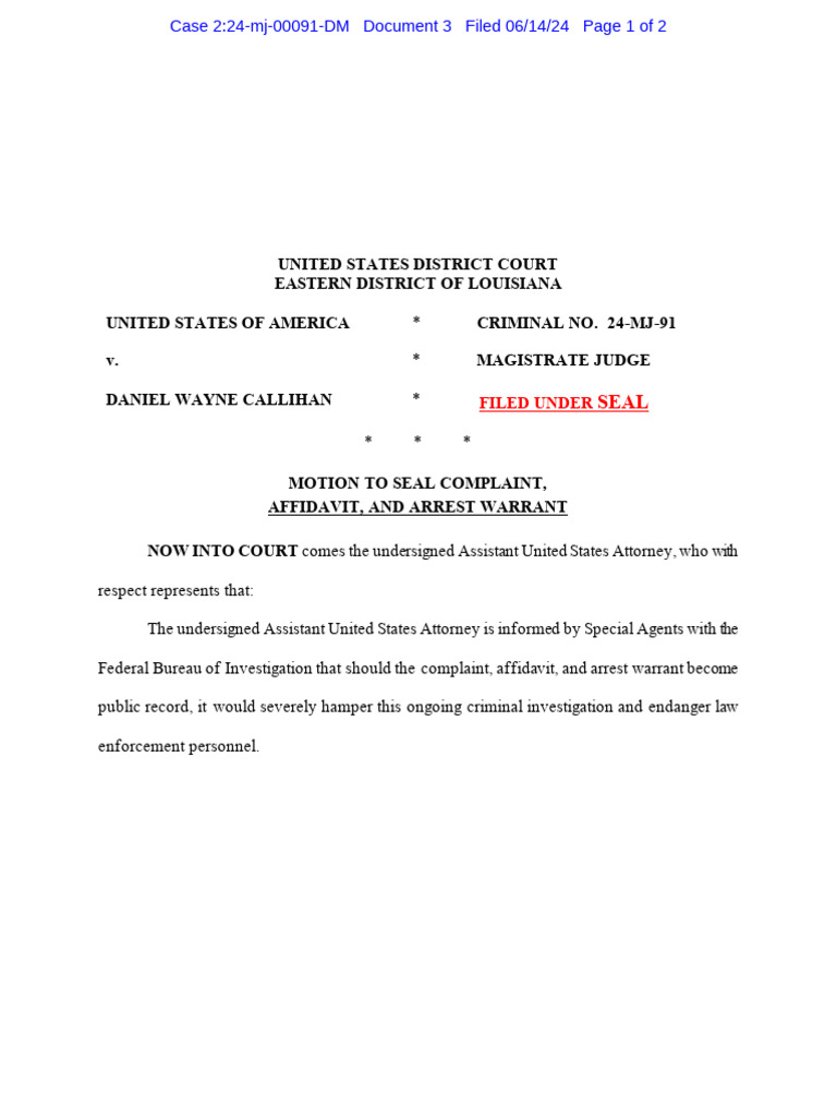 Motion To Seal - Daniel Callihan | PDF