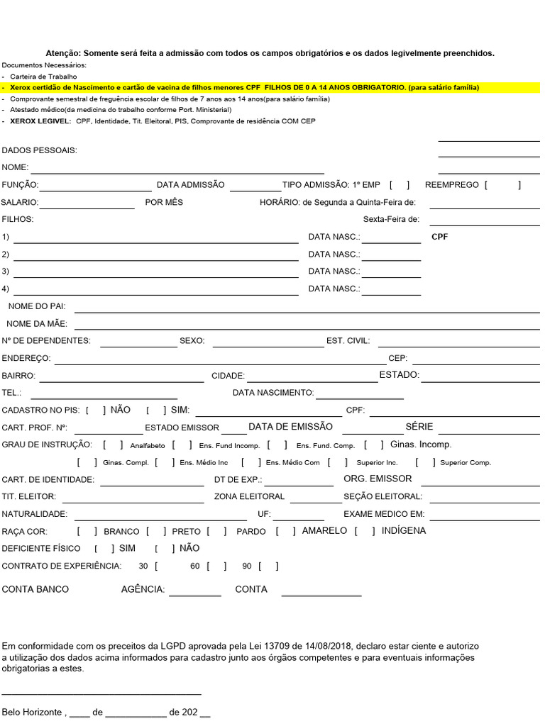 Ficha Pre Admissional Atualizada | PDF