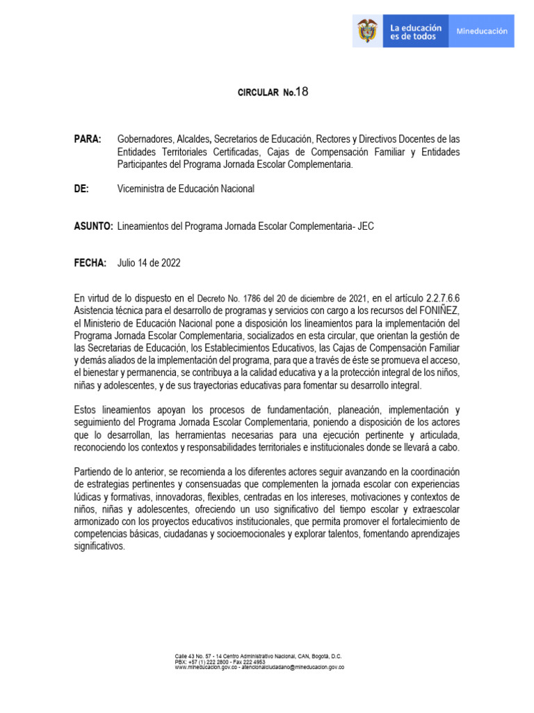 Circular No 18 de 14 de Julio de 2022 Lineamientos Del Programa Jornada Escolar Complementaria ...