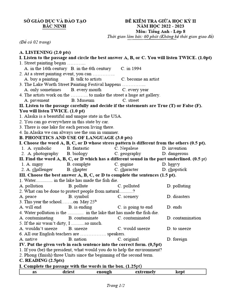 Đề Anh 8 giữa HK II 2022-2023 | PDF | Pollution | Air Pollution
