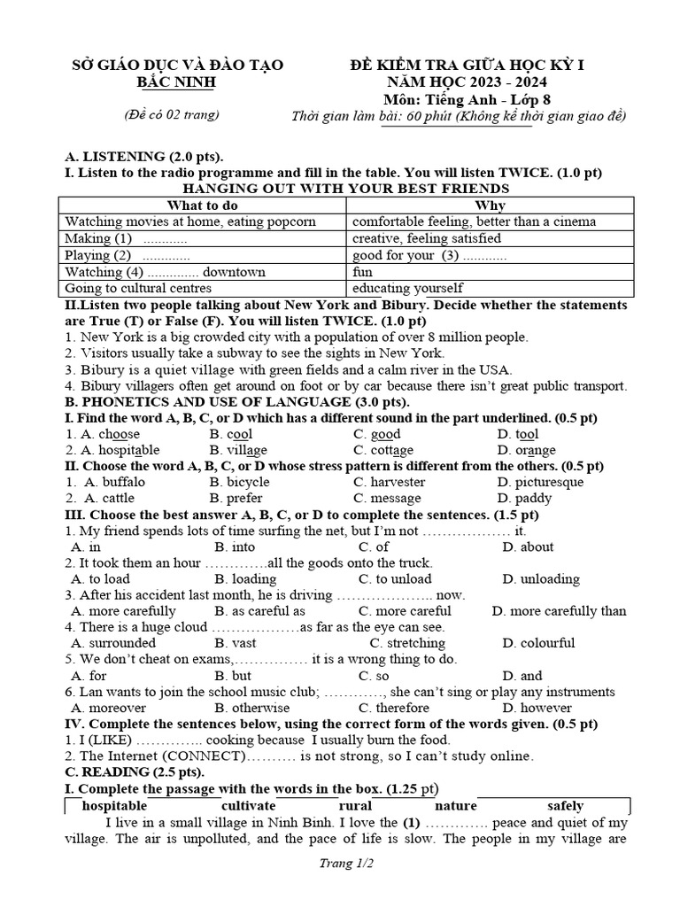 Đề Anh 8 GKI 2023-2024 | PDF