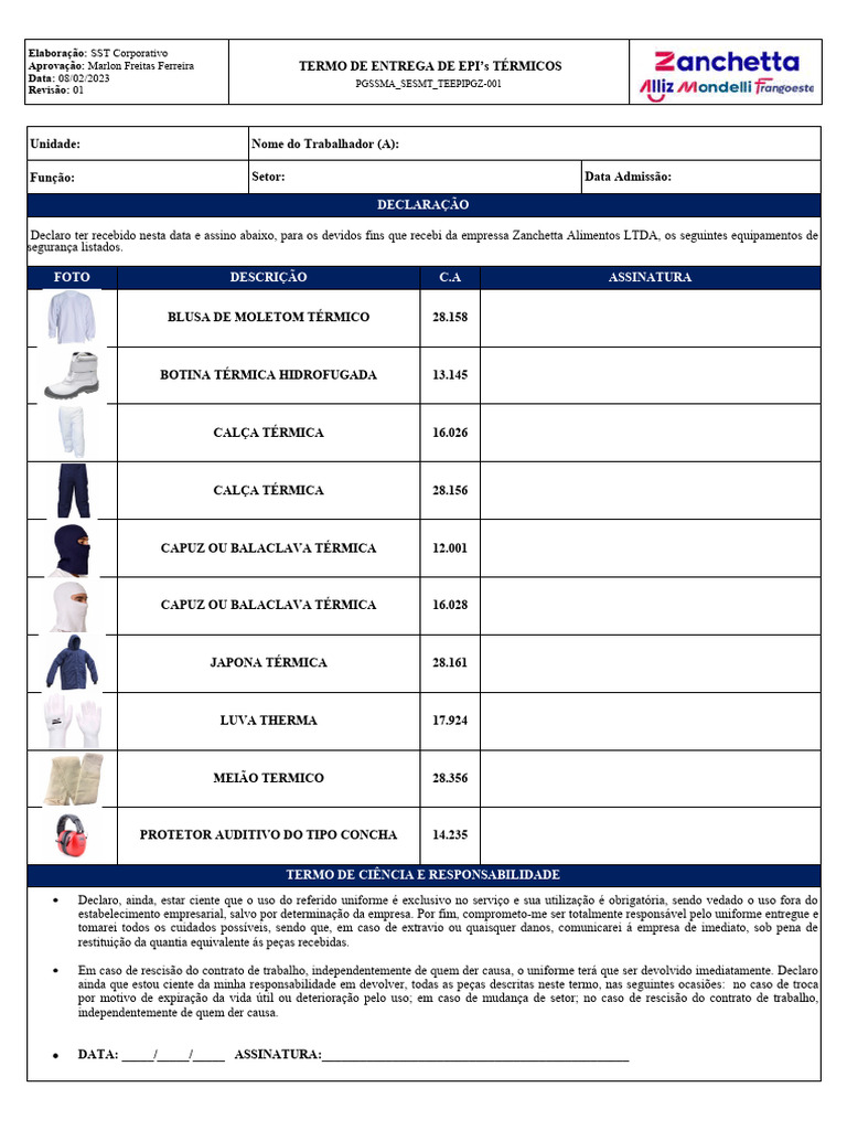 Termo de Entrega Epi Térmicos | PDF