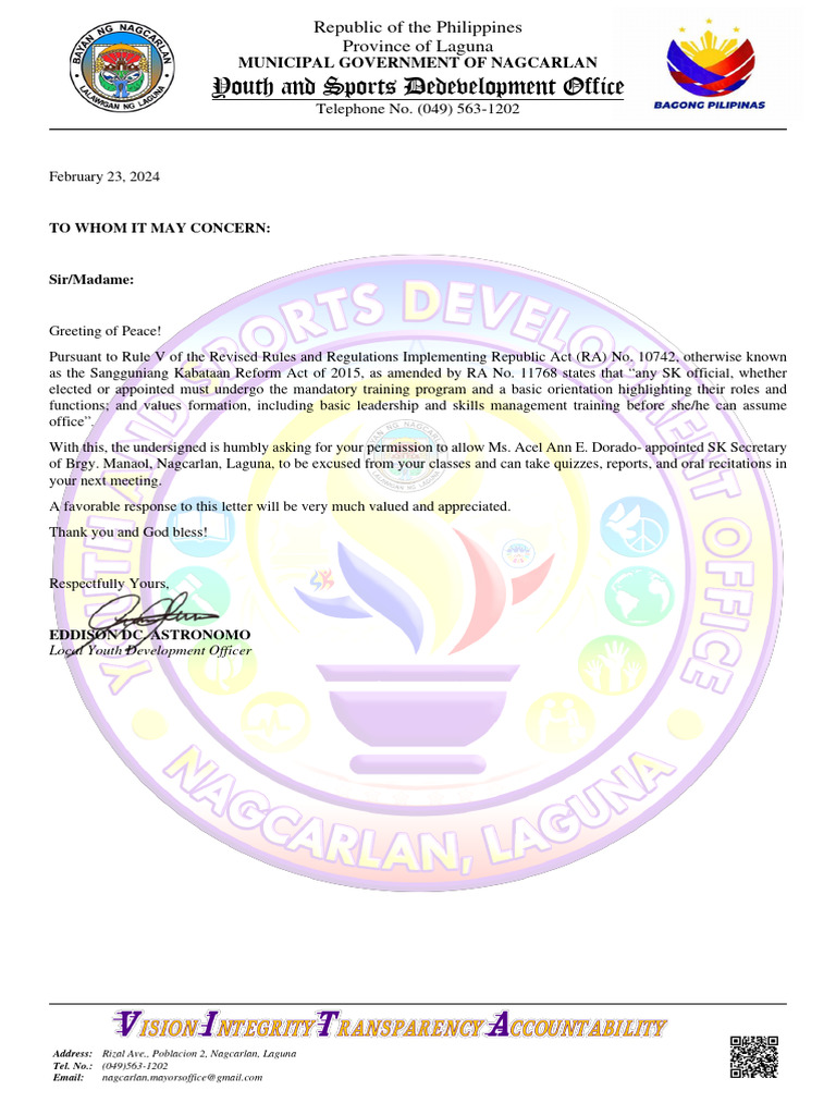 SK Excuse Letter for Training | PDF