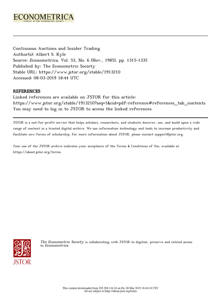 Continuous Auctions and Insider Trading - 1985 | PDF | Economic ...