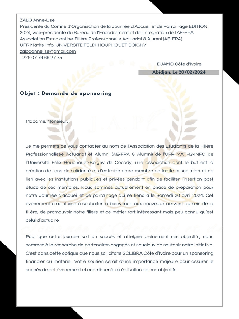 Demande de sponsoring pour événement 2024 | PDF | Actuaire | Côte d'Ivoire