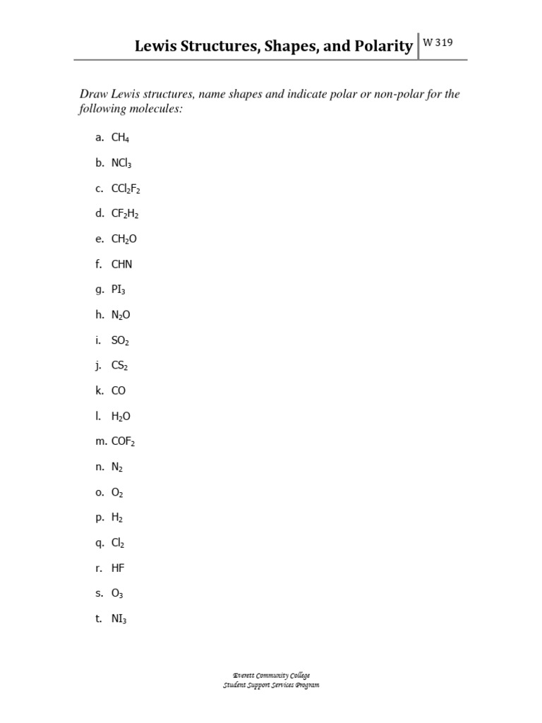 w319 Lewis Structures Shapes and Polarity | PDF | Chemical Polarity | Chemistry
