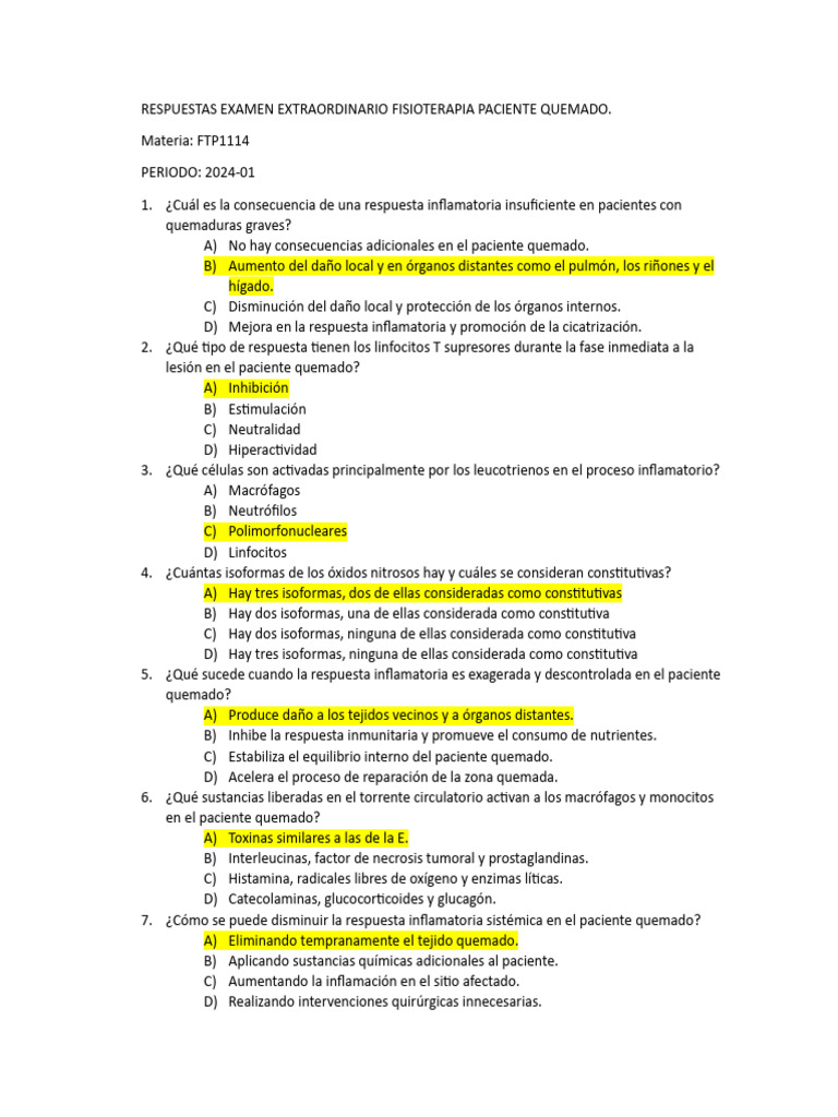 Respuestas Examen Extraordinario Fisioterapia Paciente Quemado | PDF | Inflamación | Macrófago
