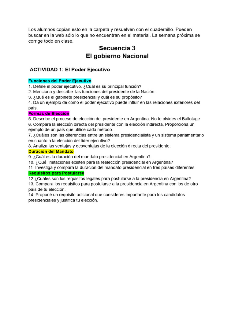 Actividades sobre el Poder Ejecutivo | PDF
