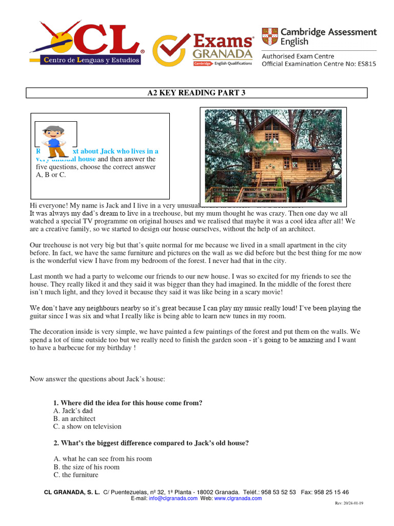 A2 Key Reading Part 3 Living in A Treehouse | PDF