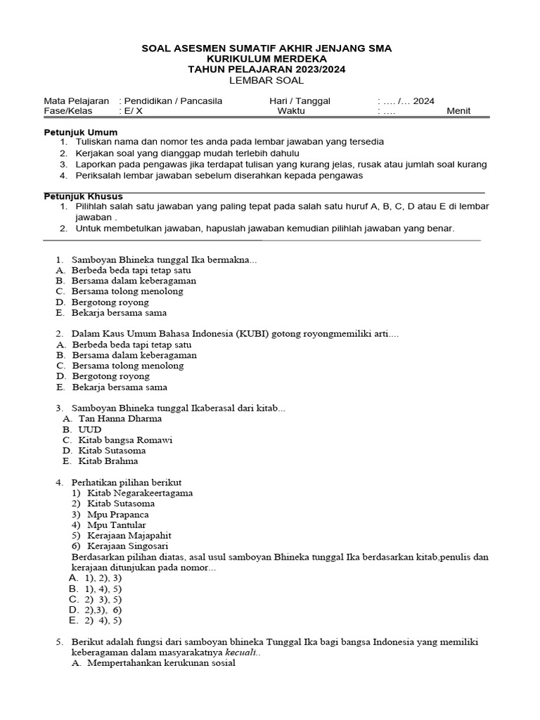Soal - Pend. Pancasila - ASAS Genap 2024 - Kls X - Kurmer | PDF