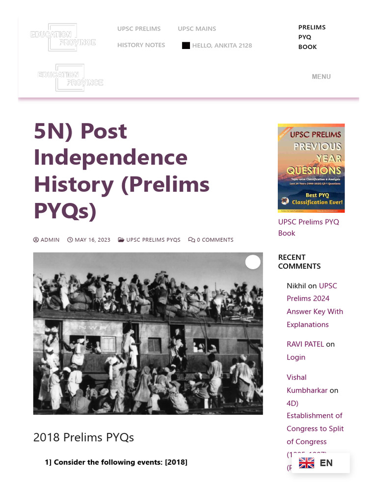 5N) Post Independence History (Prelims PYQs) - Education Province | PDF ...