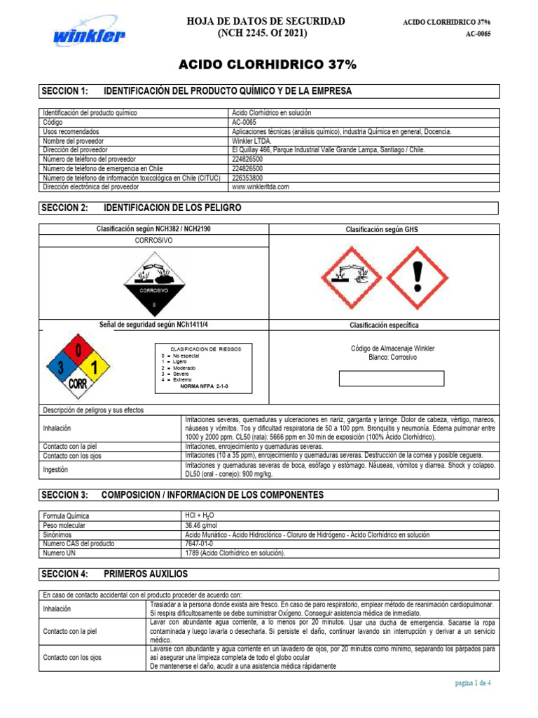 HDS Ácido Clorhídrico 37% | PDF | Solubilidad | Ácido clorhídrico