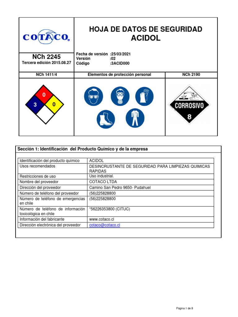 Hoja de Seguridad de Acidol | PDF | Corrosión | Agua