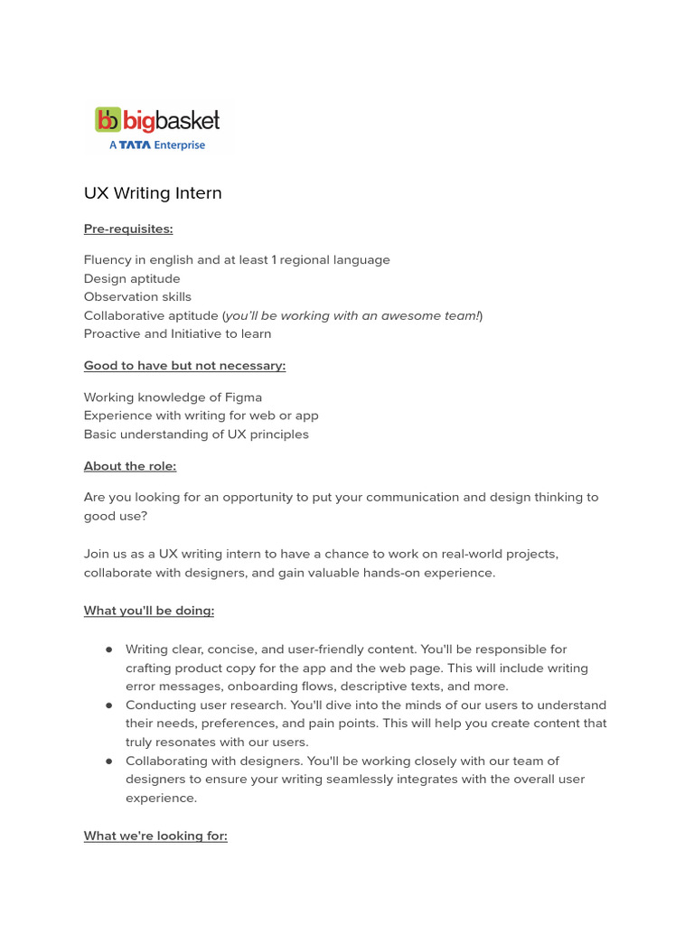 Bigbasket X UX Writer Internship | PDF
