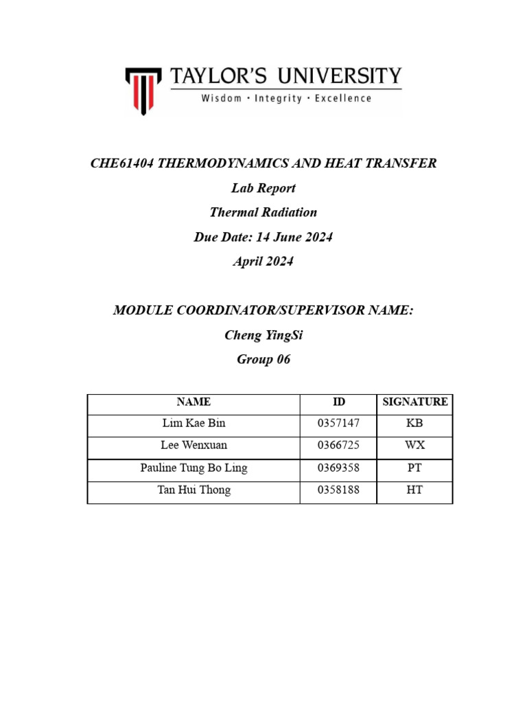 Thermo Lab Report-Thermal Radiation Bench | PDF | Temperature | Radiation