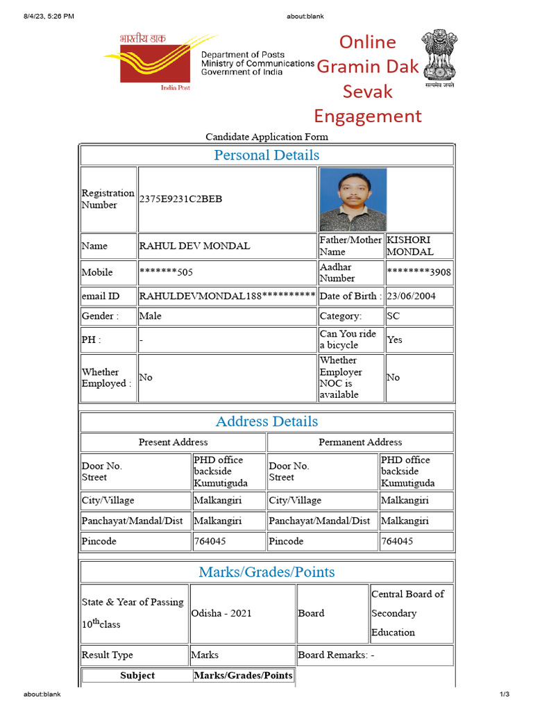 Online Gramin Dak Sevak Engagement Application Form | PDF
