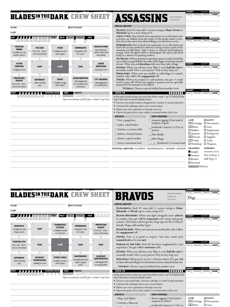 Blades in The Dark - Crew Sheets | PDF