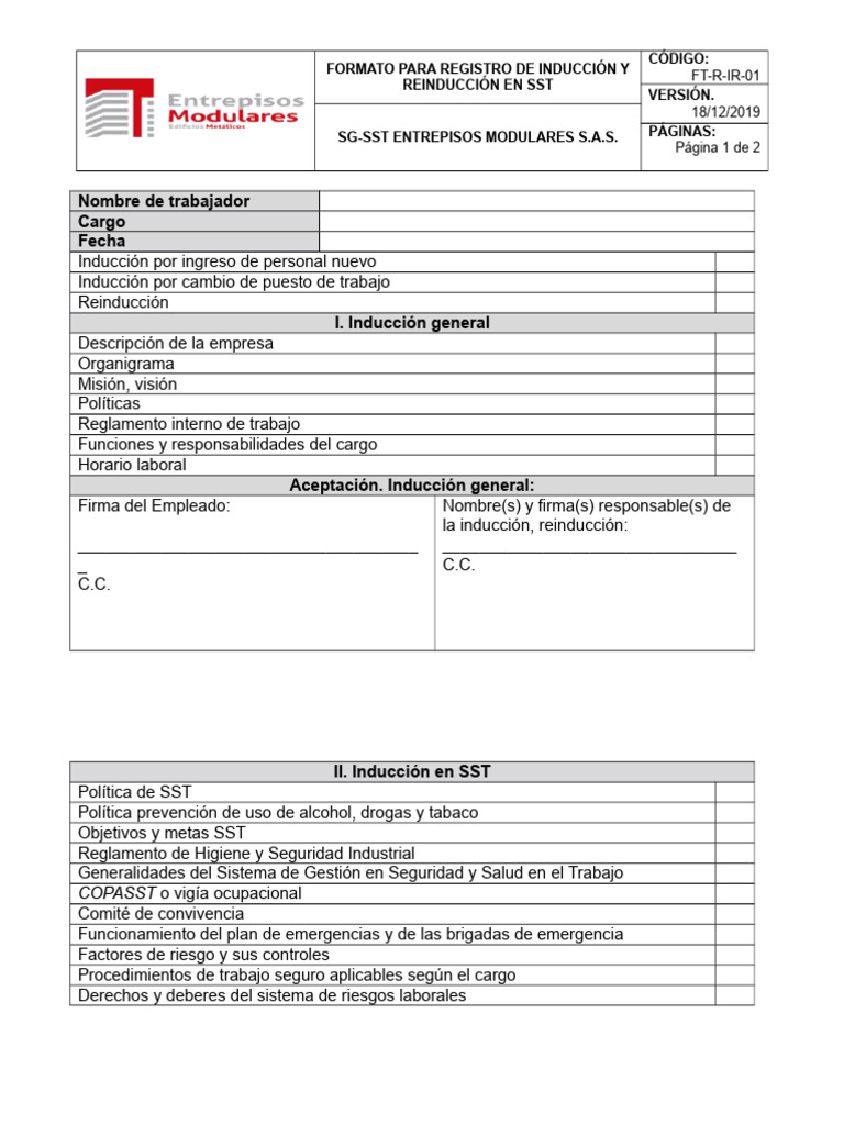 Formato para Registros de Induccion y Reinduccion | PDF