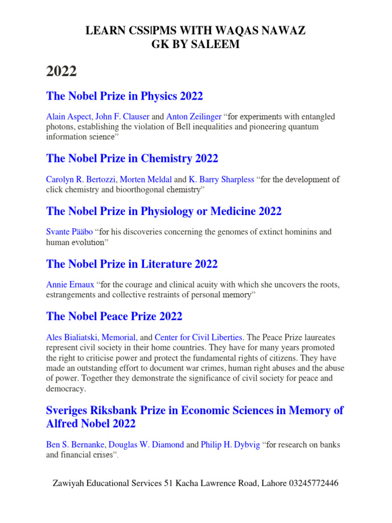 Noble Prizes Notes Compiled by Saleem Gondal | PDF | Nobel Prize