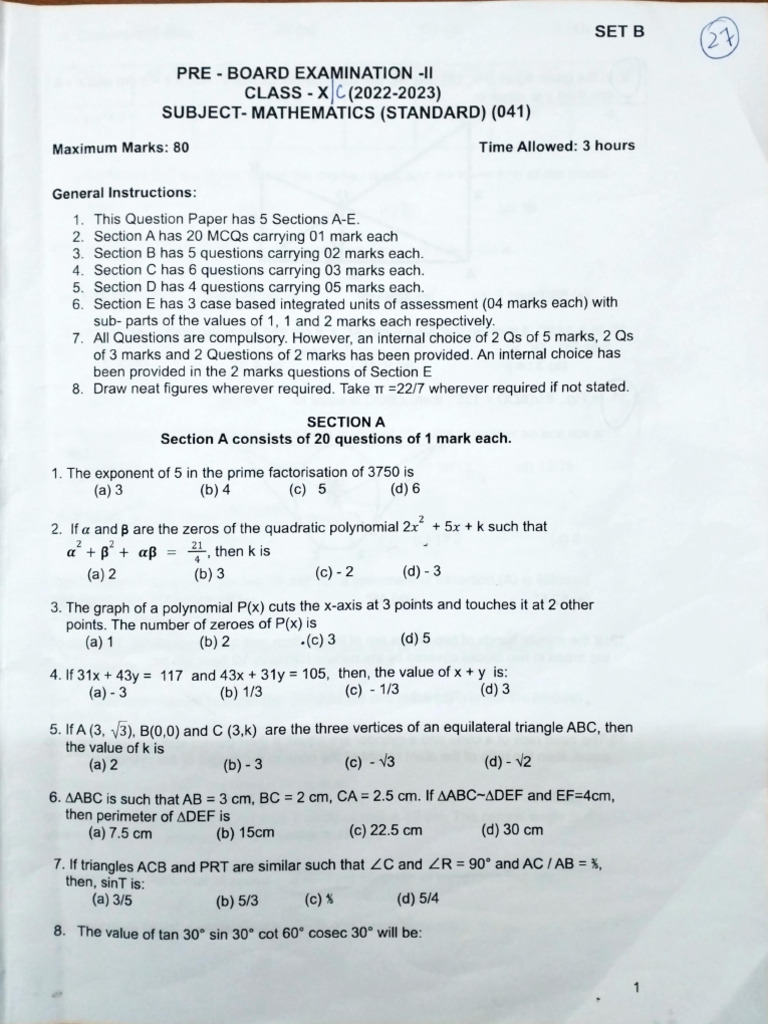 Pre Board 2 QP | Download Free PDF | Elementary Geometry | Classical Geometry