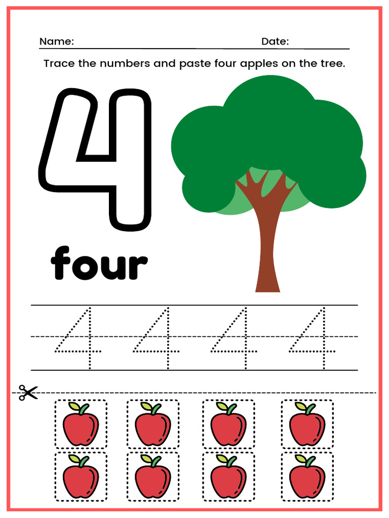 Trace, Cut, and Paste Number Four Math Worksheet | PDF