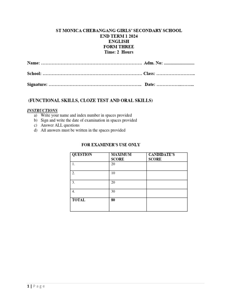 Form 3 - English - Question Paper | PDF | Judge