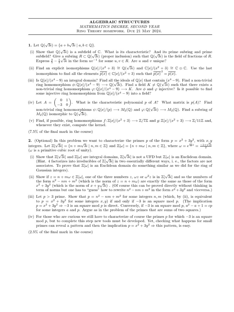 RT Homework | PDF | Ring (Mathematics) | Field (Mathematics)