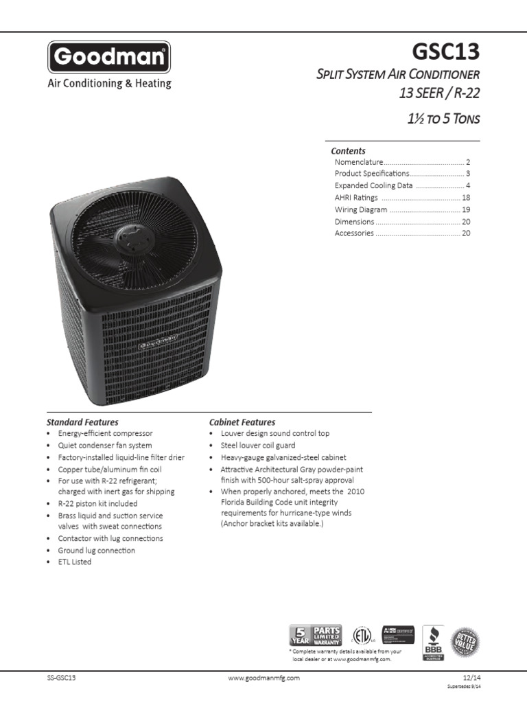 Goodman GSC13 Split System AC Specs | PDF | Air Conditioning ...