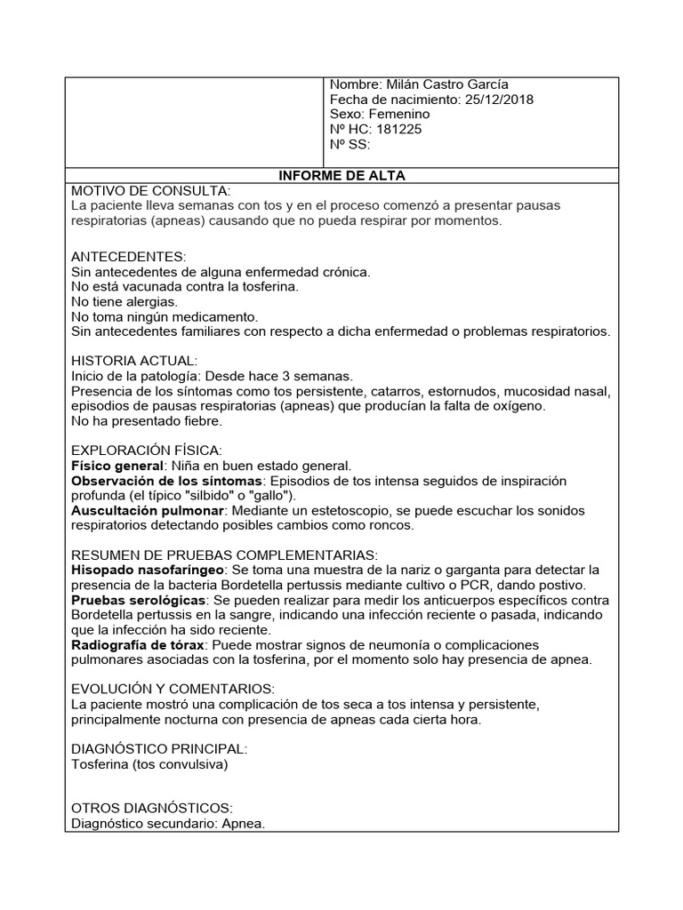 Documento Informe Alta - Modelo 1 | PDF | Tos | Microbiología