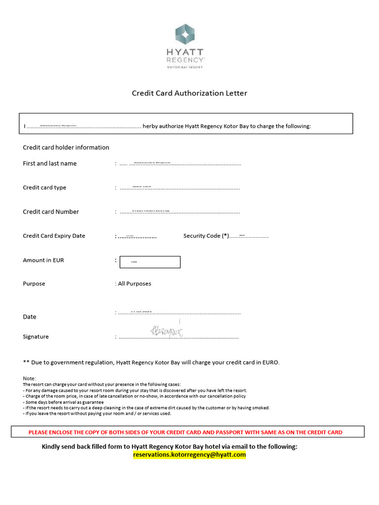 Credit Card Authorization Letter Hyatt | PDF | Credit Card | Payments