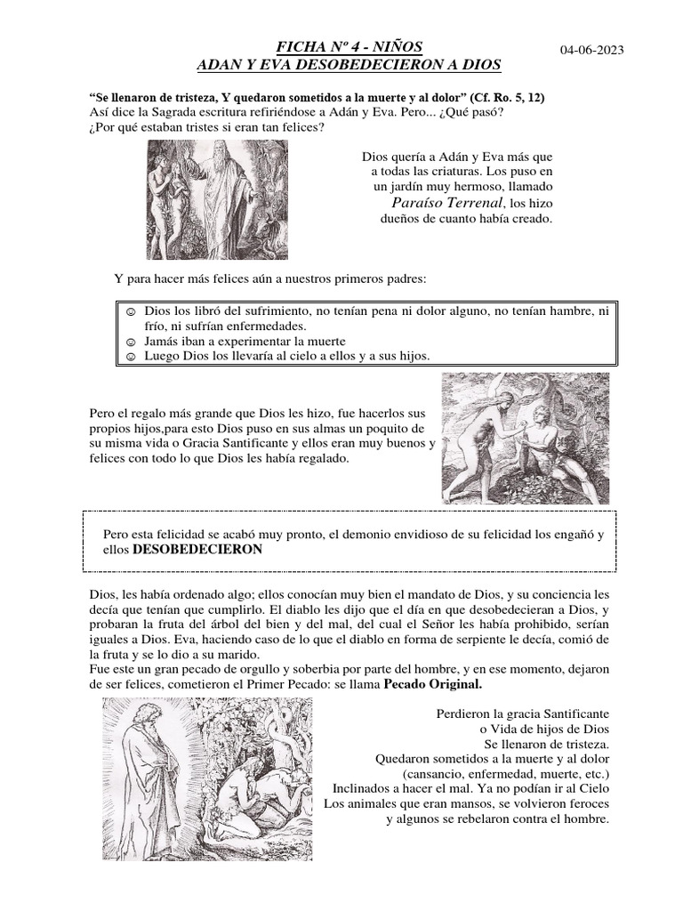 Ficha 4 Niños - Adan y Eva Desobedecieron A Dios | PDF | El pecado original | Pecado