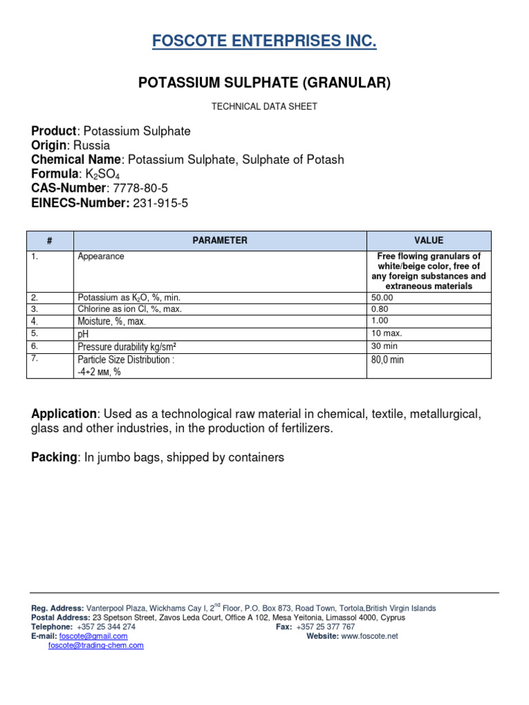 Potassium Sulphate (SOP) GRANULAR TDS | PDF
