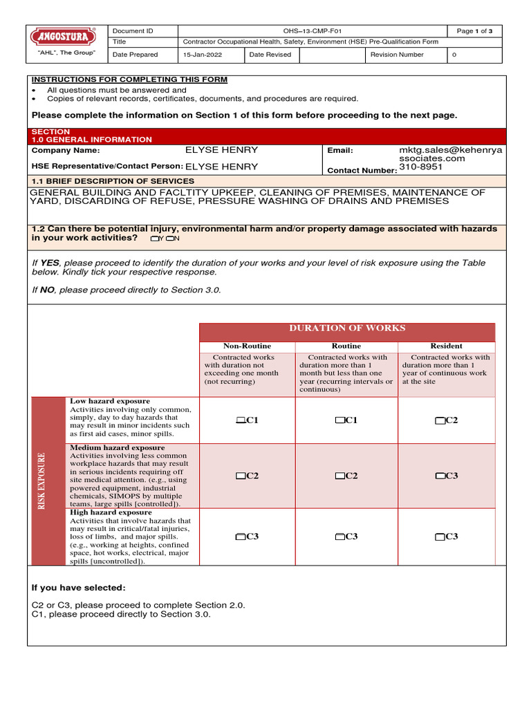 HSE Contractor Pre-Qualification Form | PDF | Occupational Safety And ...