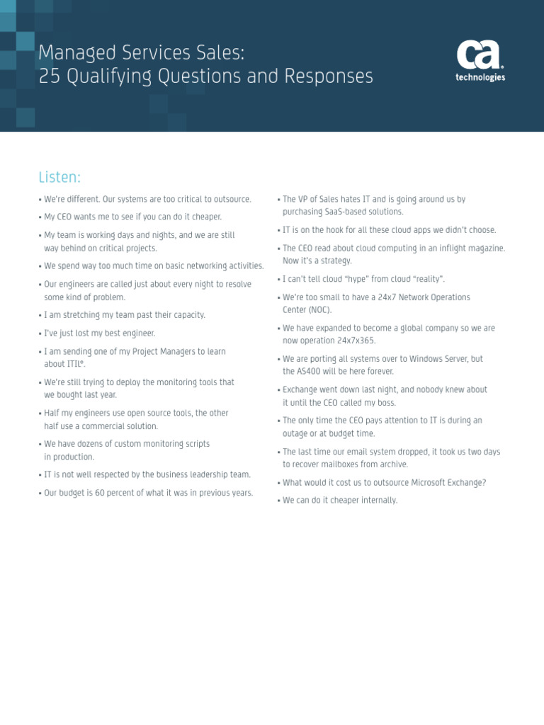 Managed Services Sales 25 Qualifying Questions and Responses | PDF ...