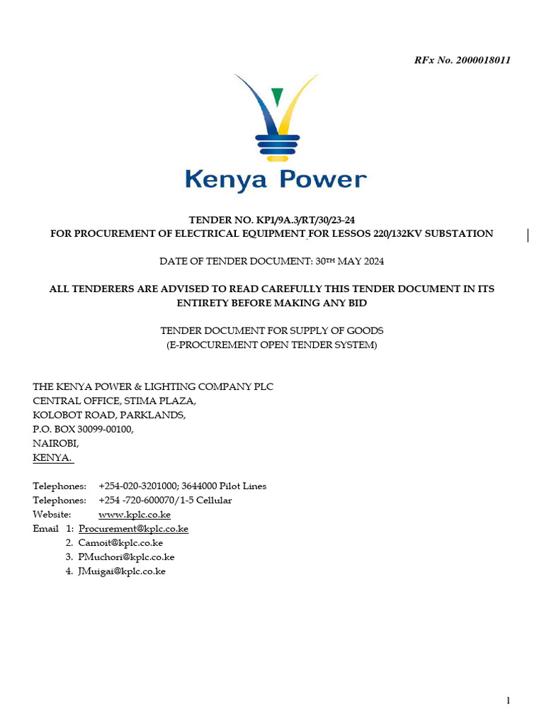 Tender Document For Electrical Equipment For Lessos 30.05.2024 | PDF ...